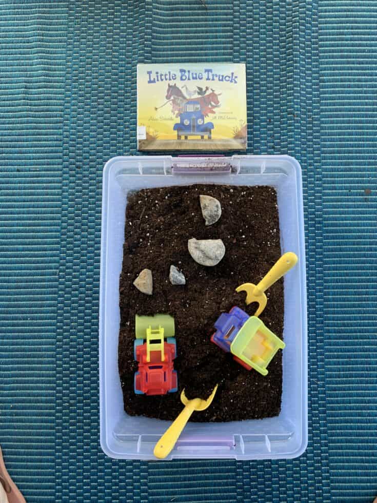 Little Blue Truck inspired mud sensory bin - Celebrating with kids