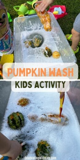 Pumpkin wash fall sensory bin for kids - Celebrating with kids