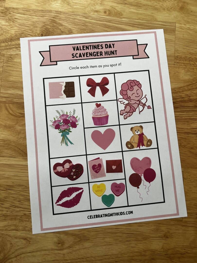 Valentines Day scavenger hunt for kids - free printable! - Celebrating ...