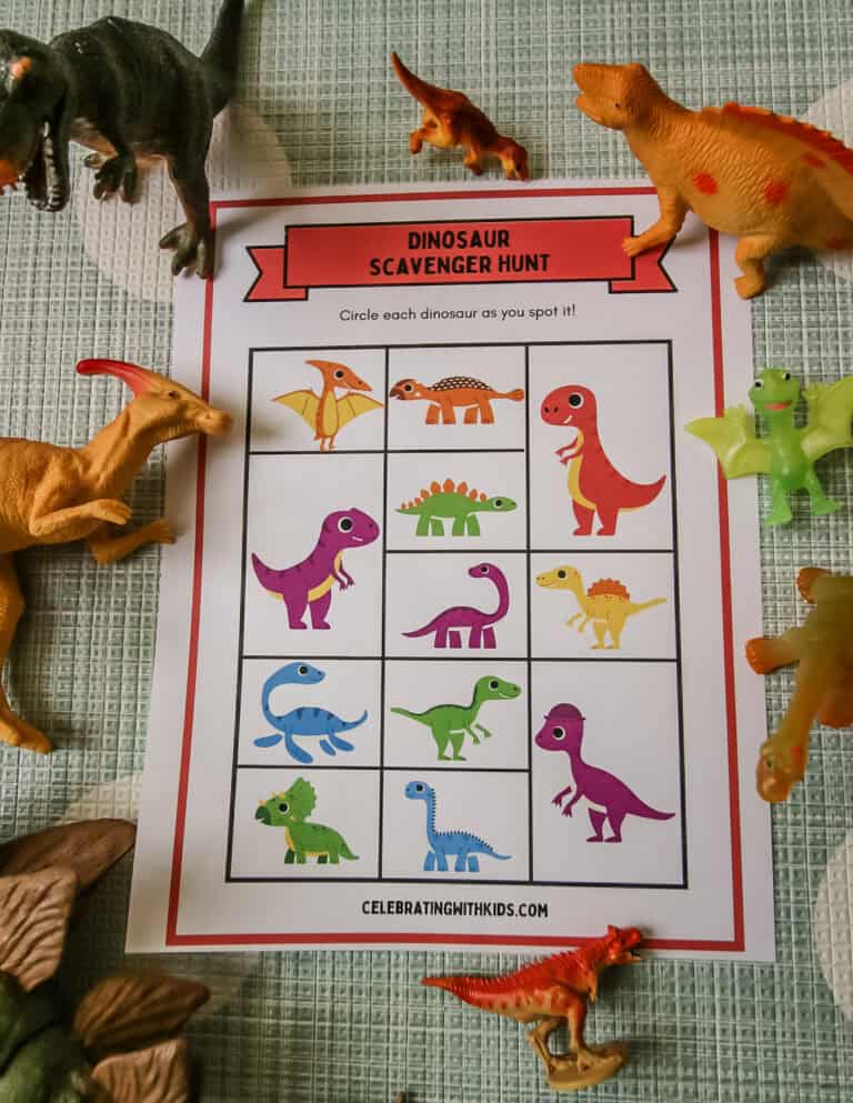 Dinosaur Scavenger Hunt - free printable - Celebrating with kids