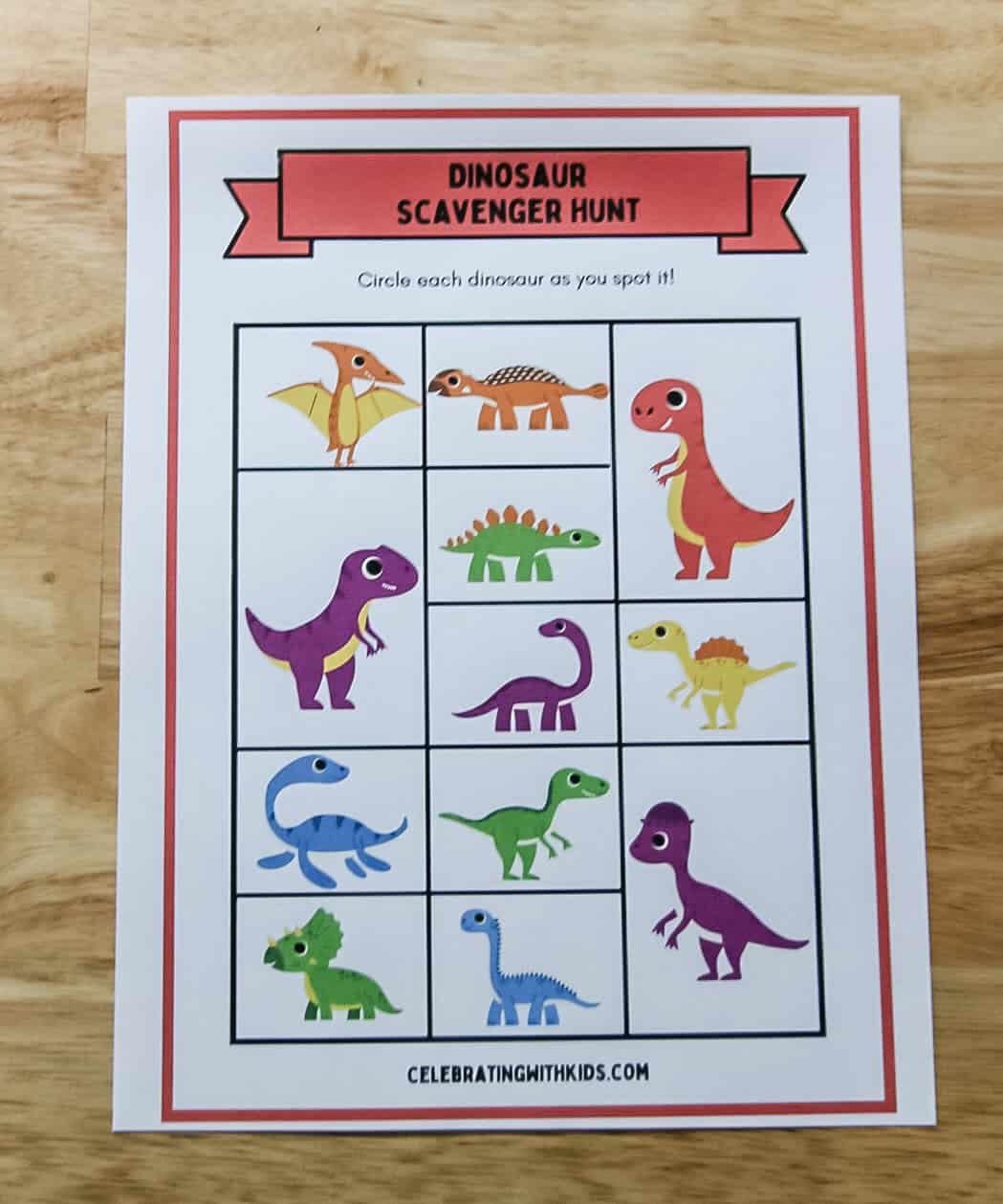 Dinosaur Scavenger Hunt - free printable - Celebrating with kids