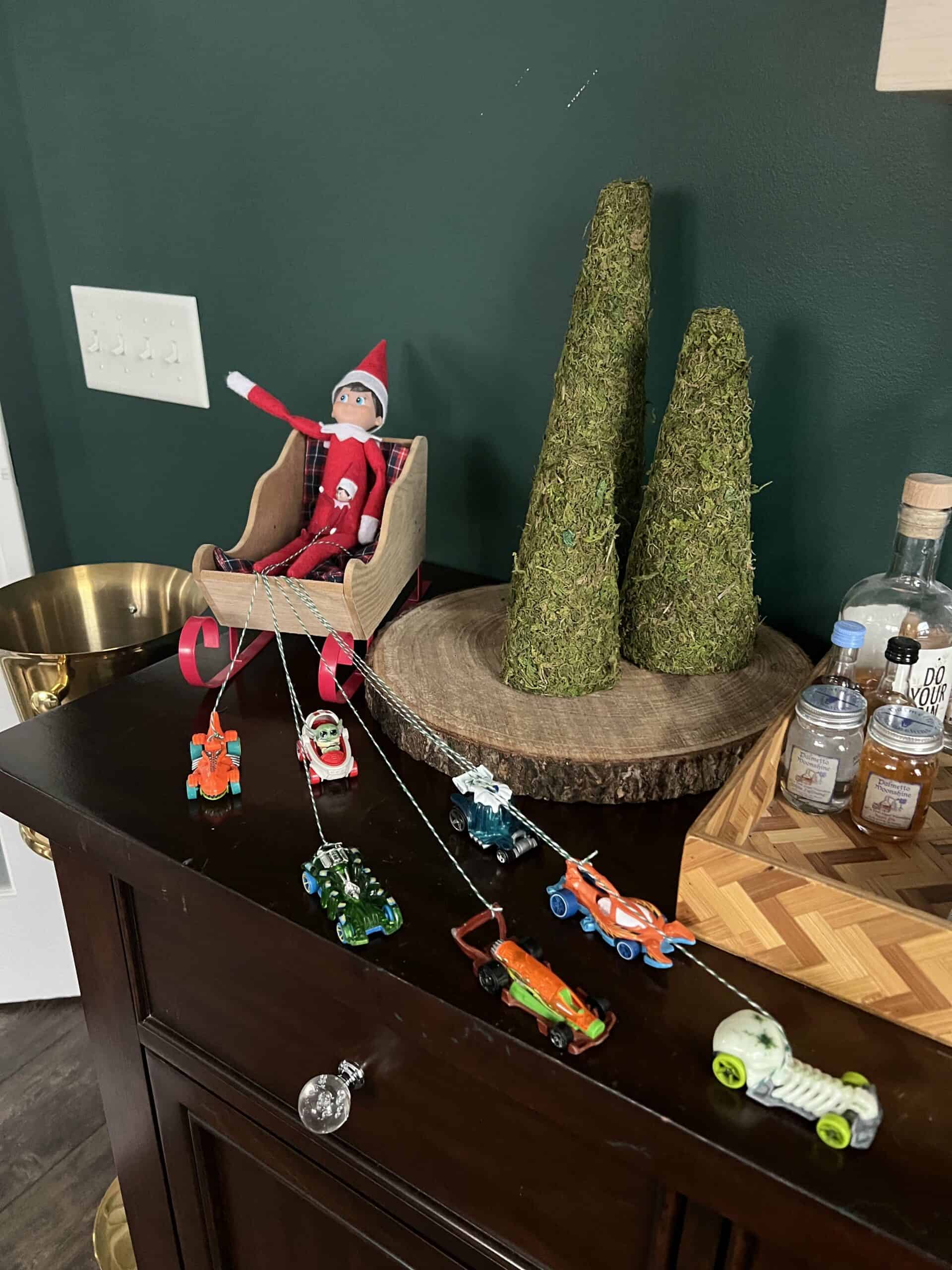Elf on the Shelf idea: Hot Wheels sled - Celebrating with kids