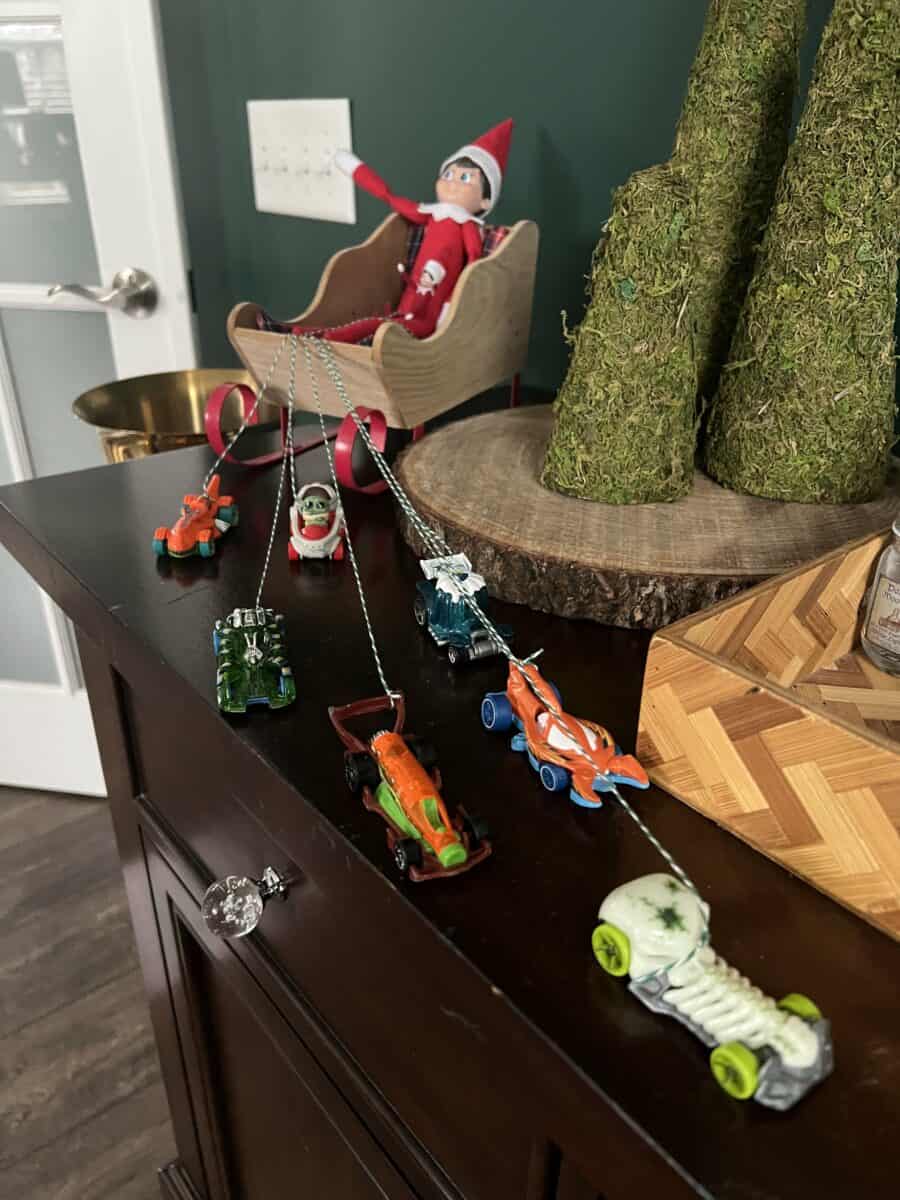 Elf on the Shelf idea: Hot Wheels sled - Celebrating with kids